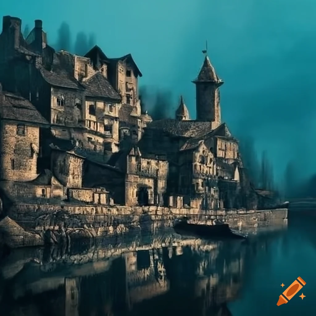 Medieval port city built on a hill at the mouth of a river on Craiyon