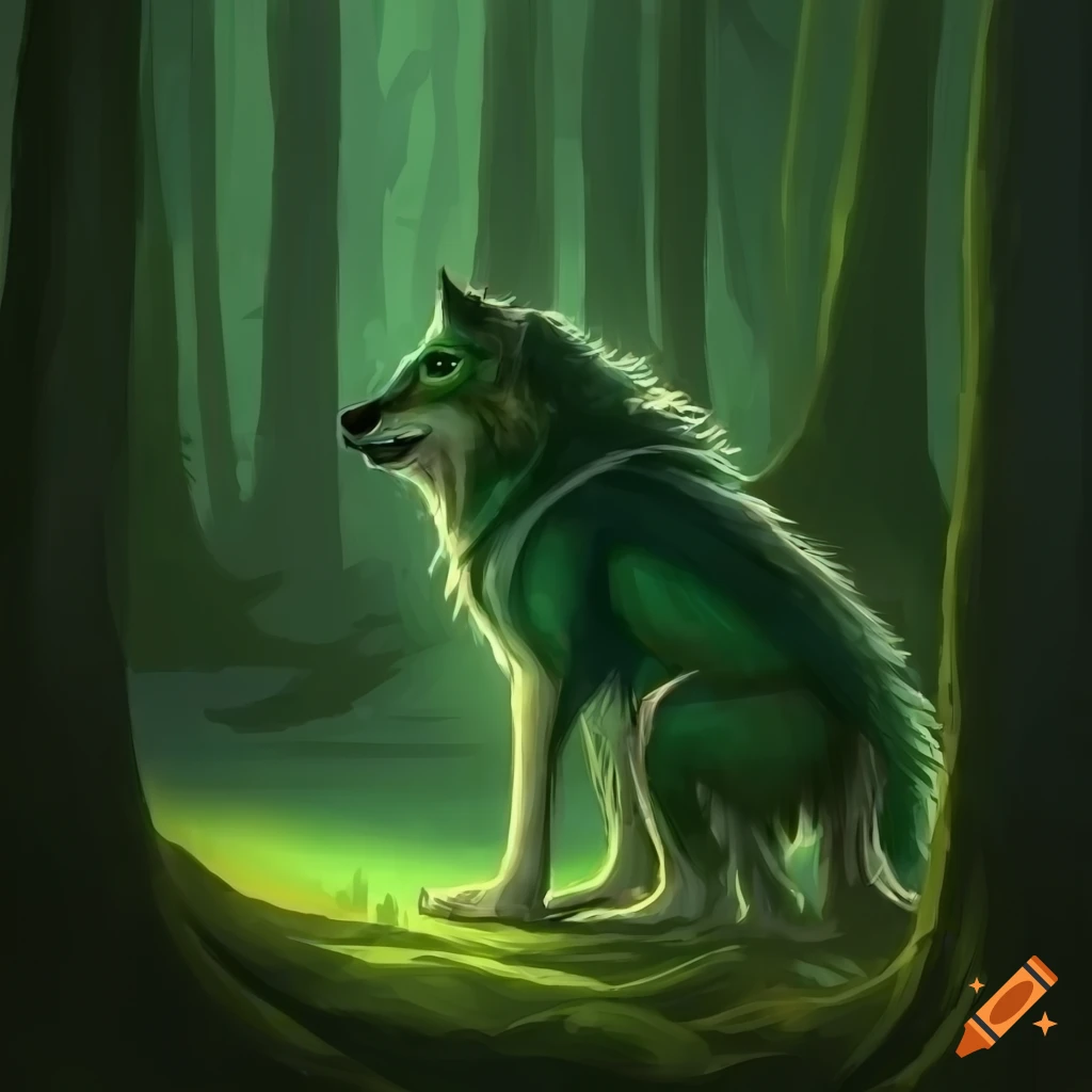 Green wolf stalking through a forest in fantasy art style on Craiyon