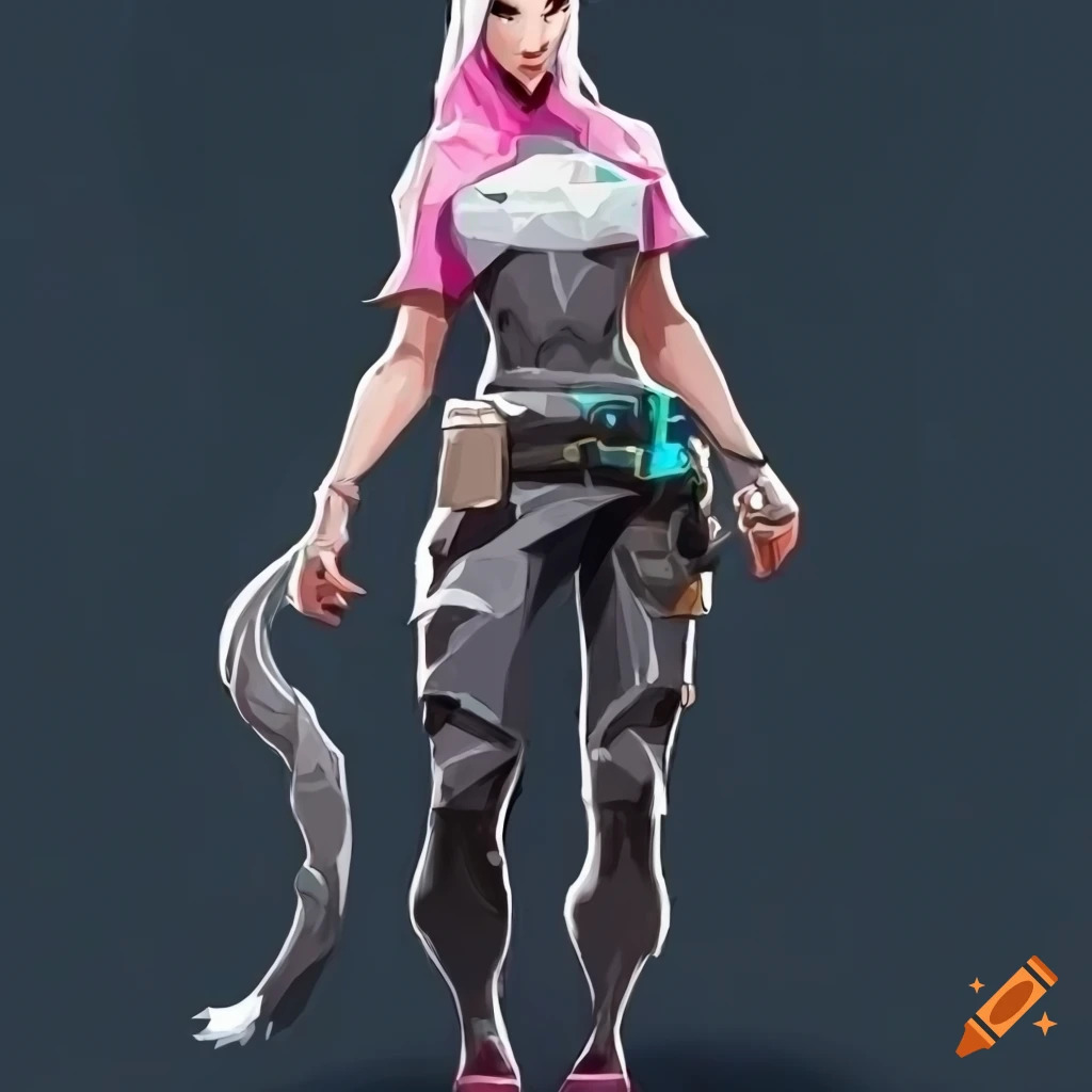 Female grey and white cat as a valorant character in full body on Craiyon