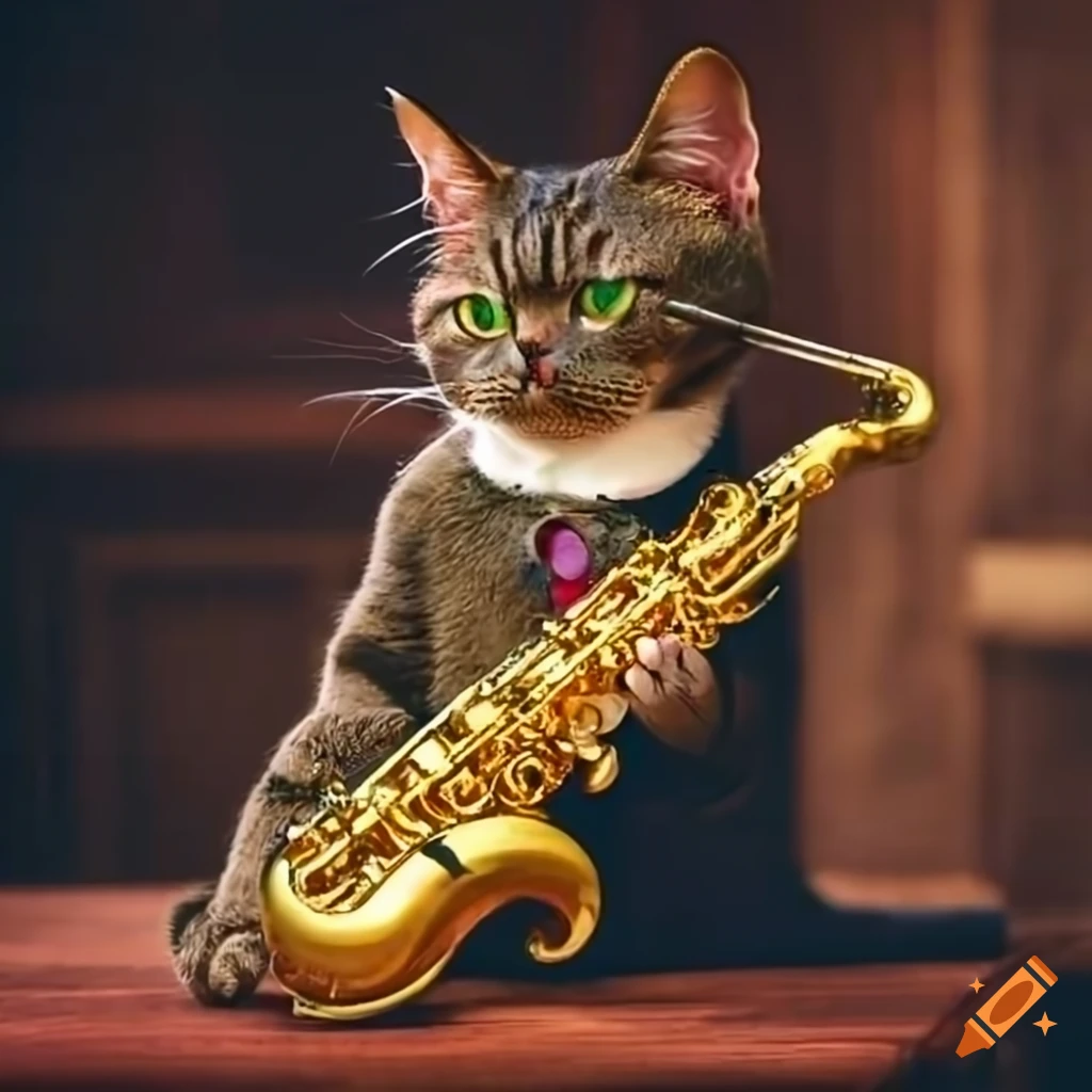 Cat playing saxophone at marchfelderhof restaurant on Craiyon