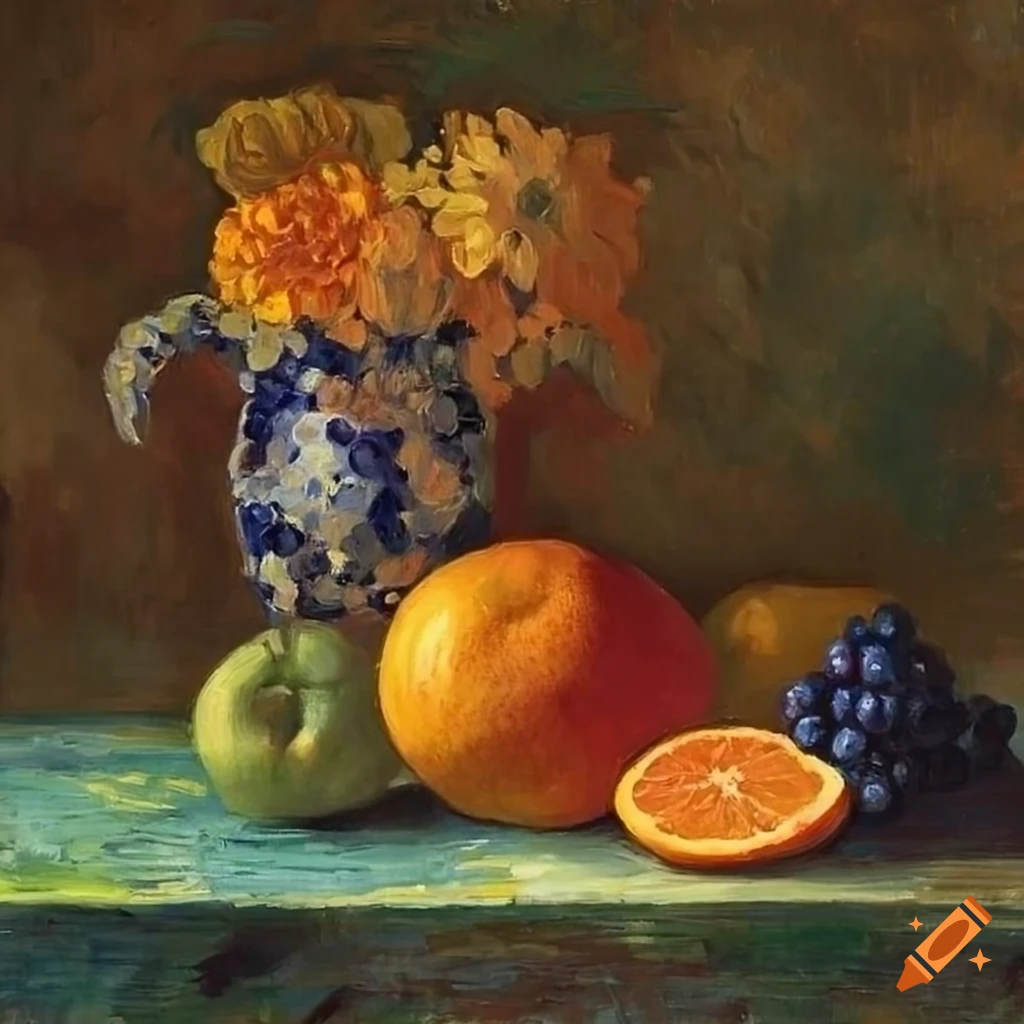 Colorful still life with fruits and flowers in van gogh style on Craiyon