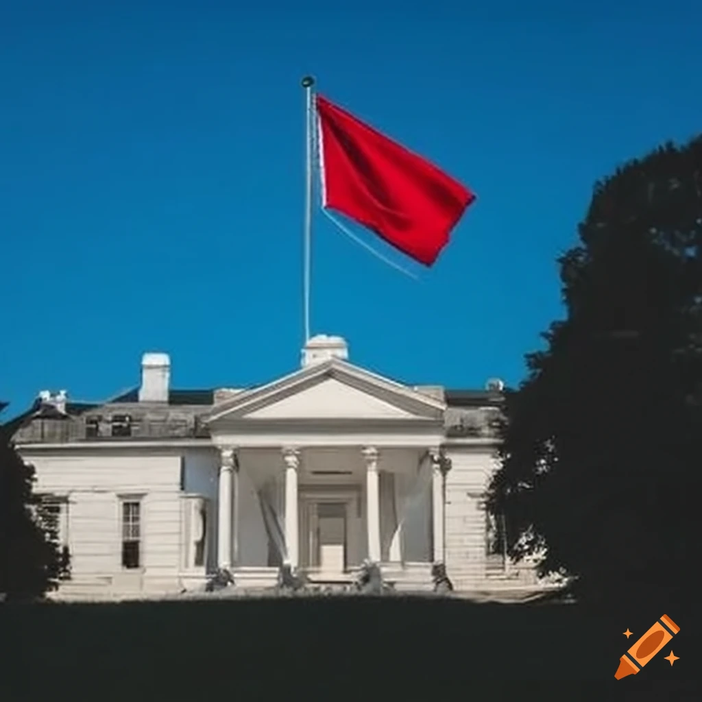Red flag in front of white house on Craiyon