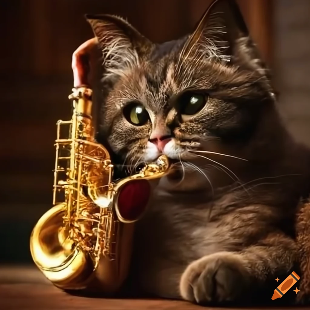 Fluffy feline playing a saxophone at marchfelderhof restaurant on Craiyon