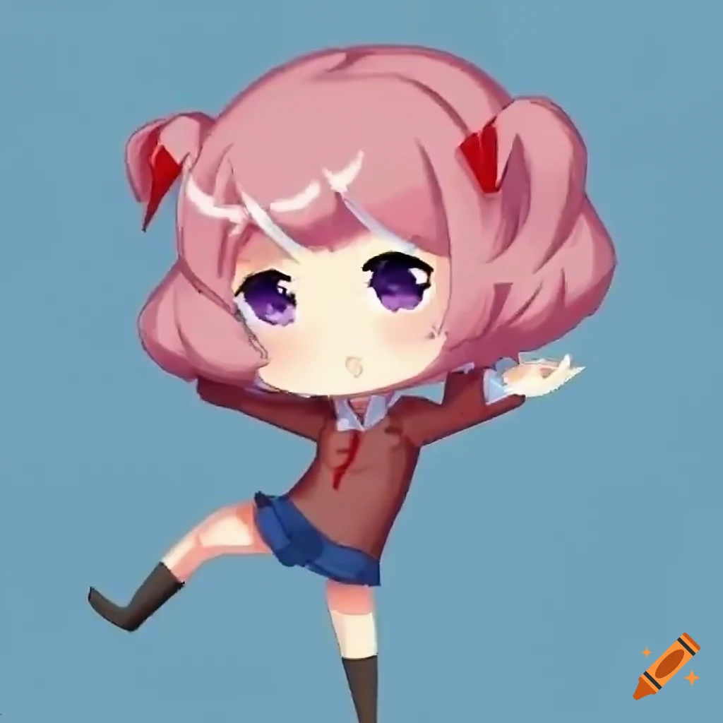 Joyful chibi natsuki leaping midair with excitement on Craiyon