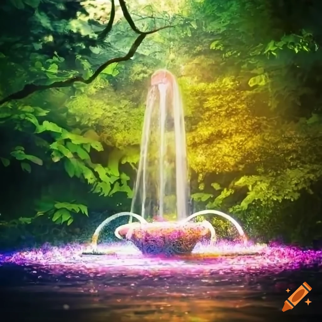 Magical fountain with glittering roses in serene nature landscape on Craiyon