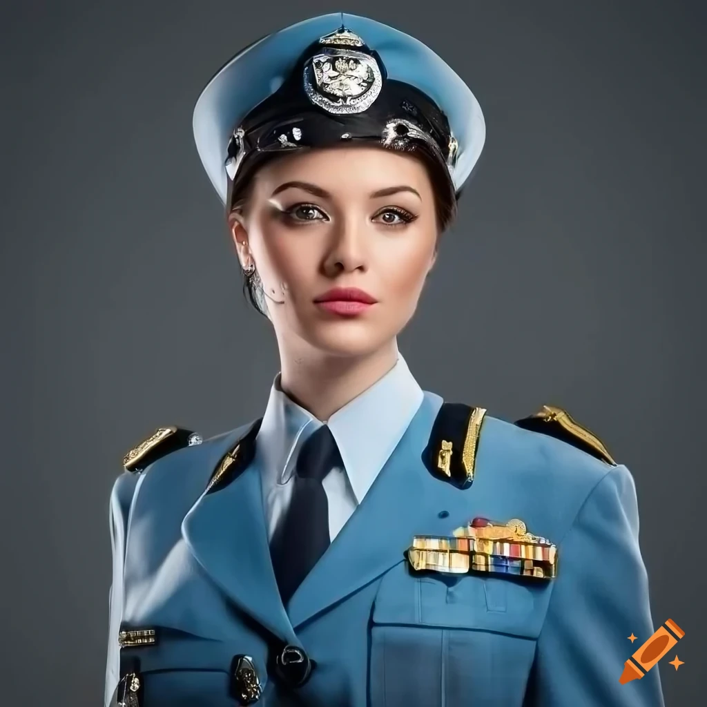 Confident and competent young officer woman in a pale blue officers ...