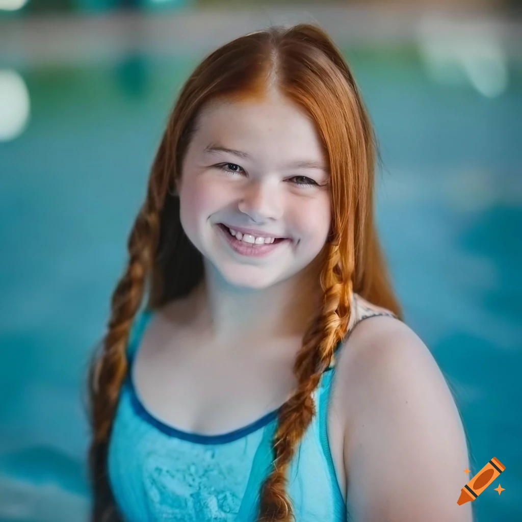 Tween girl with braided ginger hair posing in the pool on Craiyon