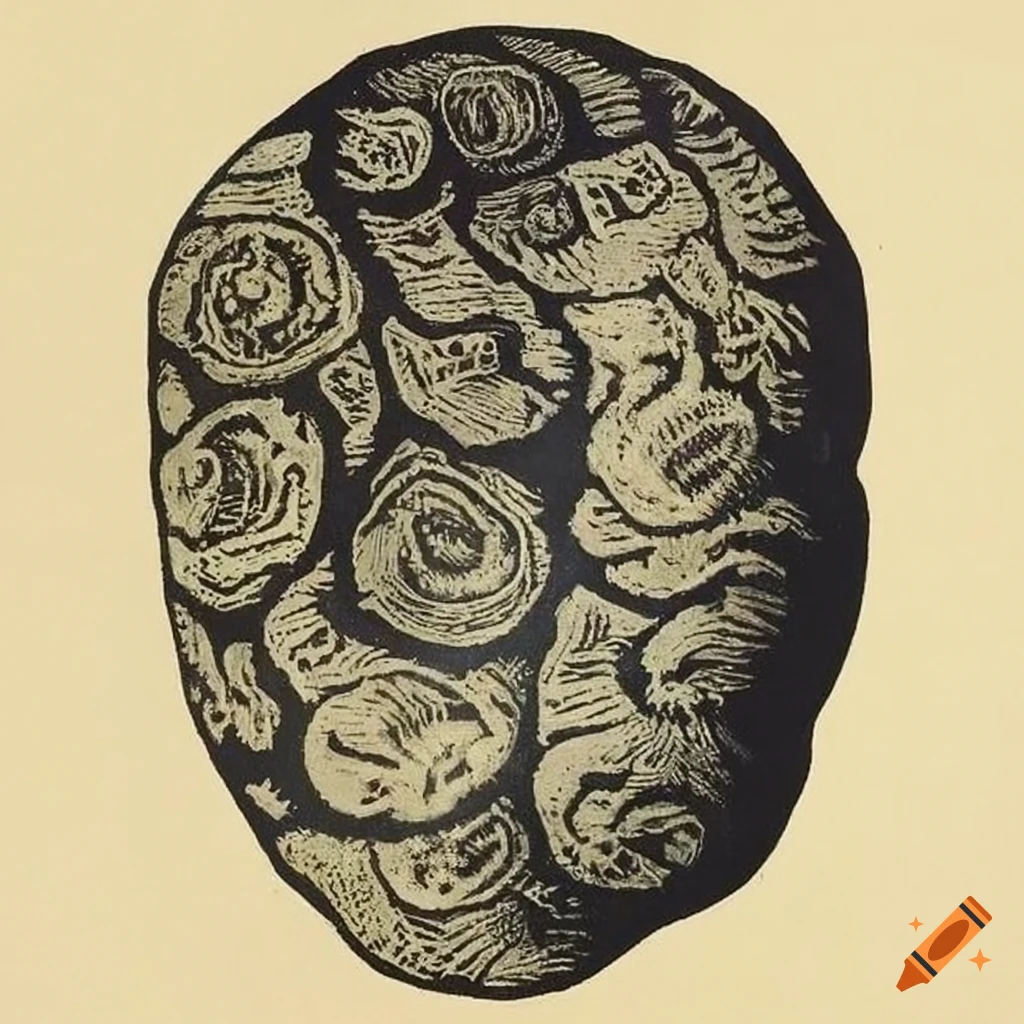 Orbicular rock from Kurur, woodcut print by Hugo Simberg on Craiyon