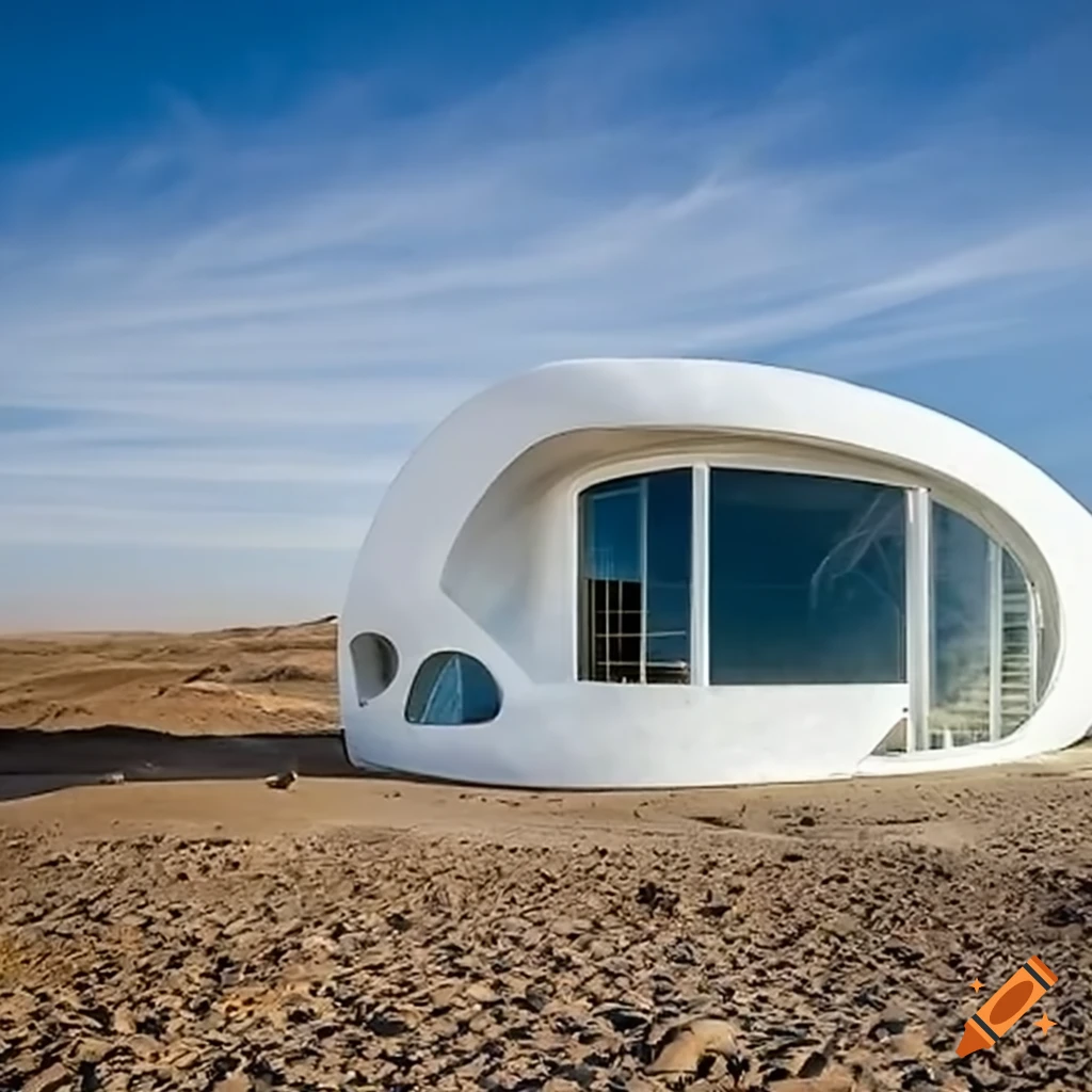 Futuristic white alien house in the desert on Craiyon