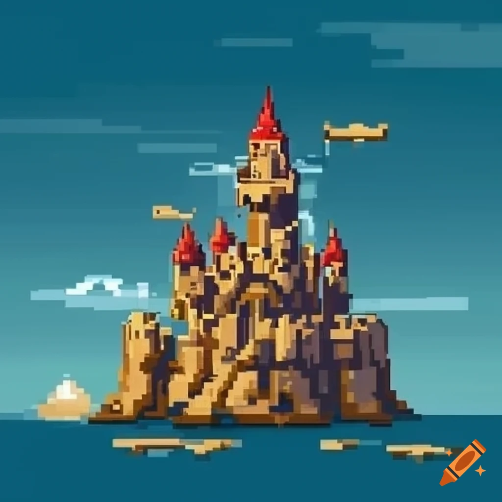 Pixel art of a castle floating among clouds in the sky on Craiyon