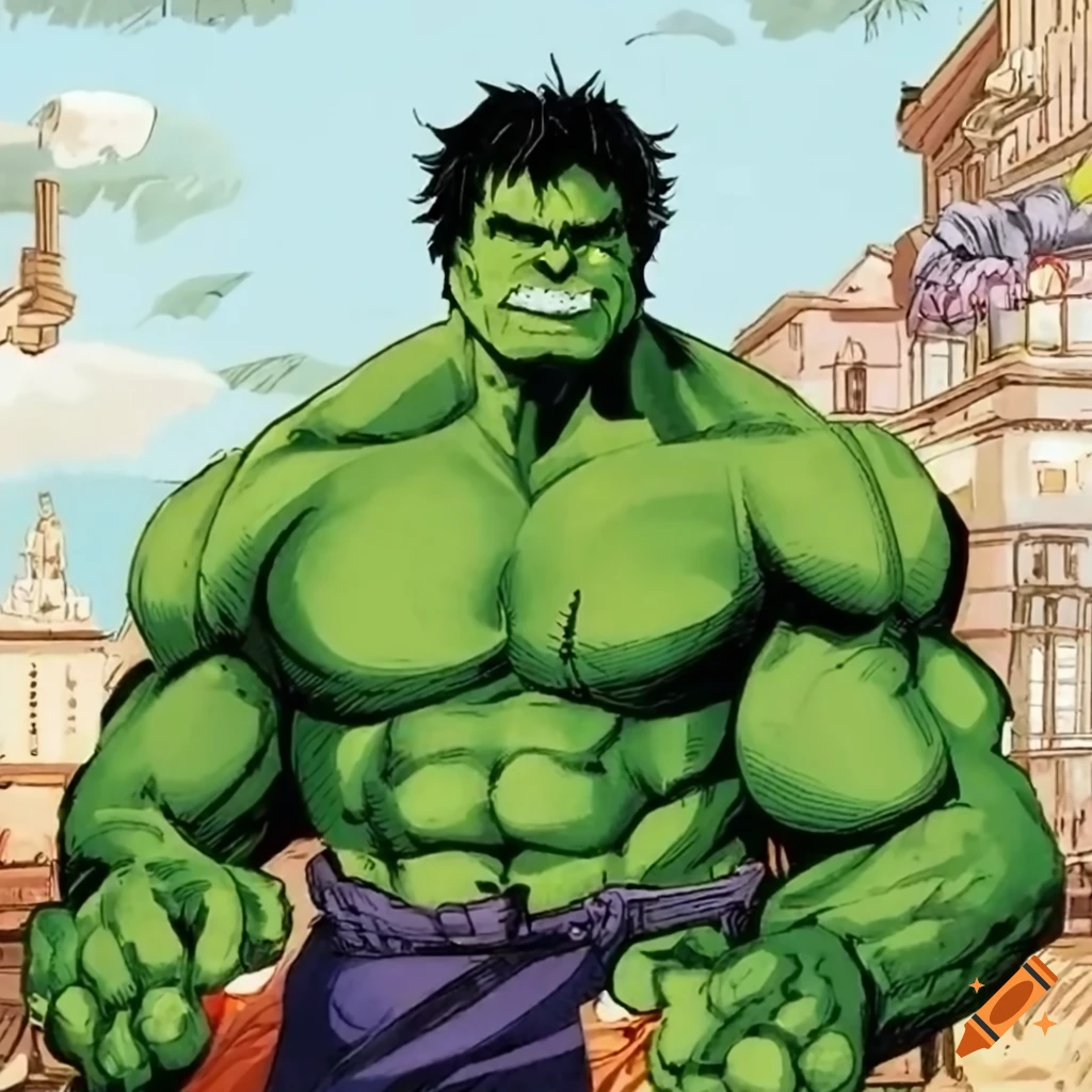 Hulk in a fruit market in baroque comic style on Craiyon