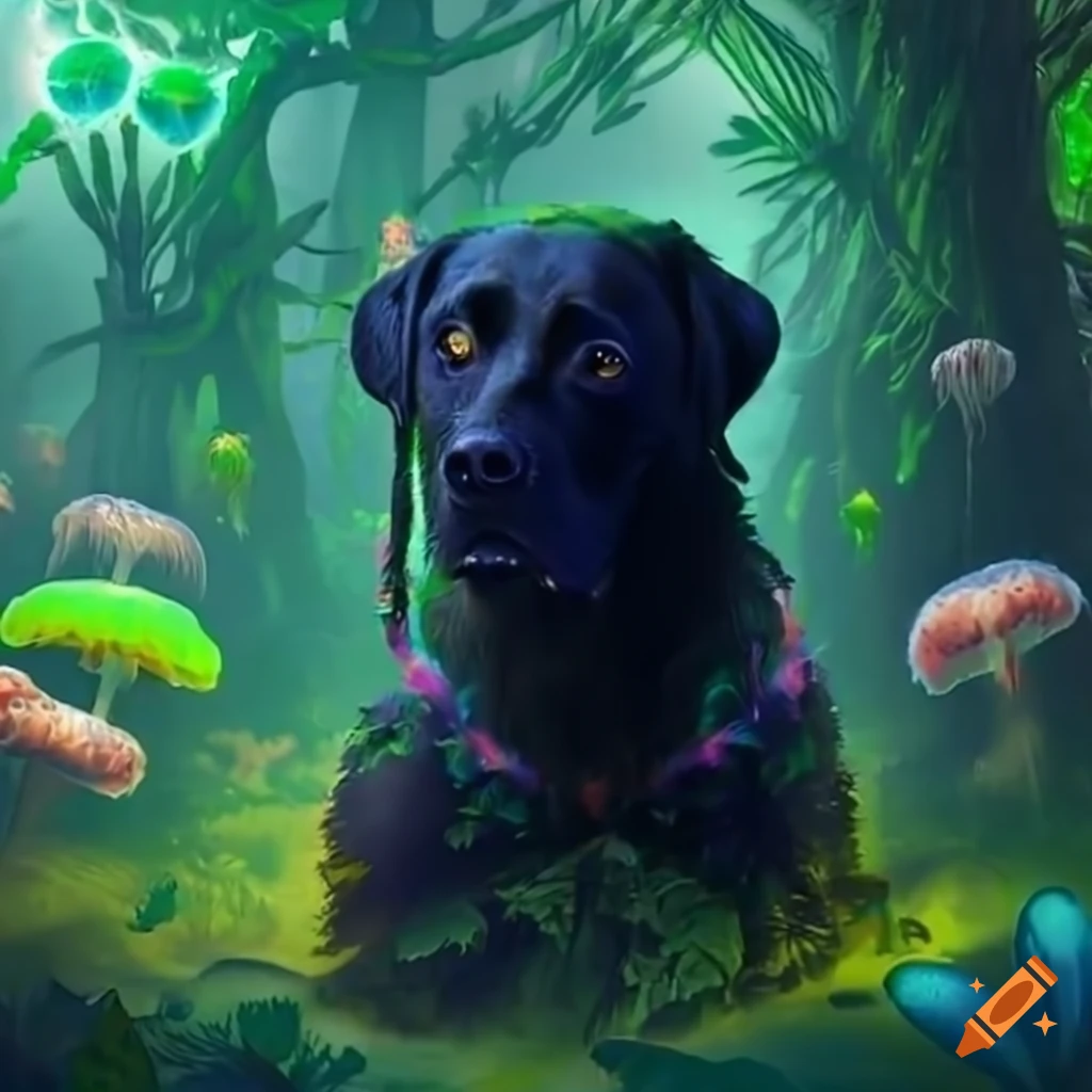 Majestic black labrador retriever in a magical forest realm with lush ...