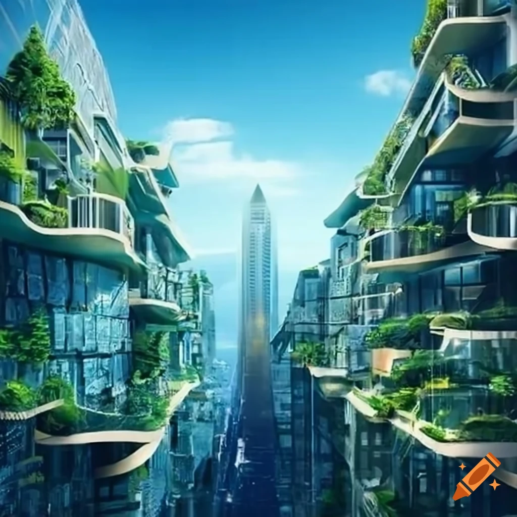 High-tech sustainable future city in a solarpunk style on Craiyon