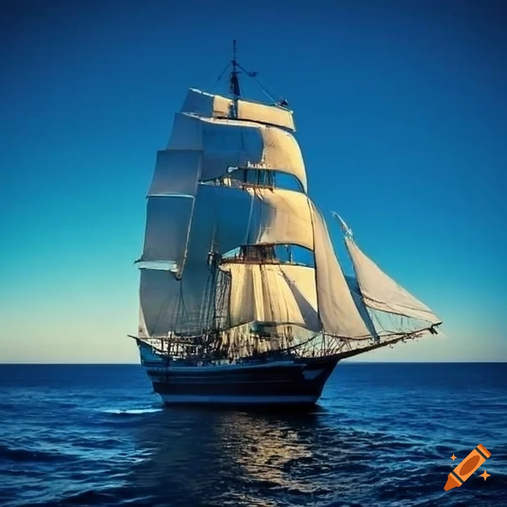 Sailing ship with sun shining in blue hues on Craiyon