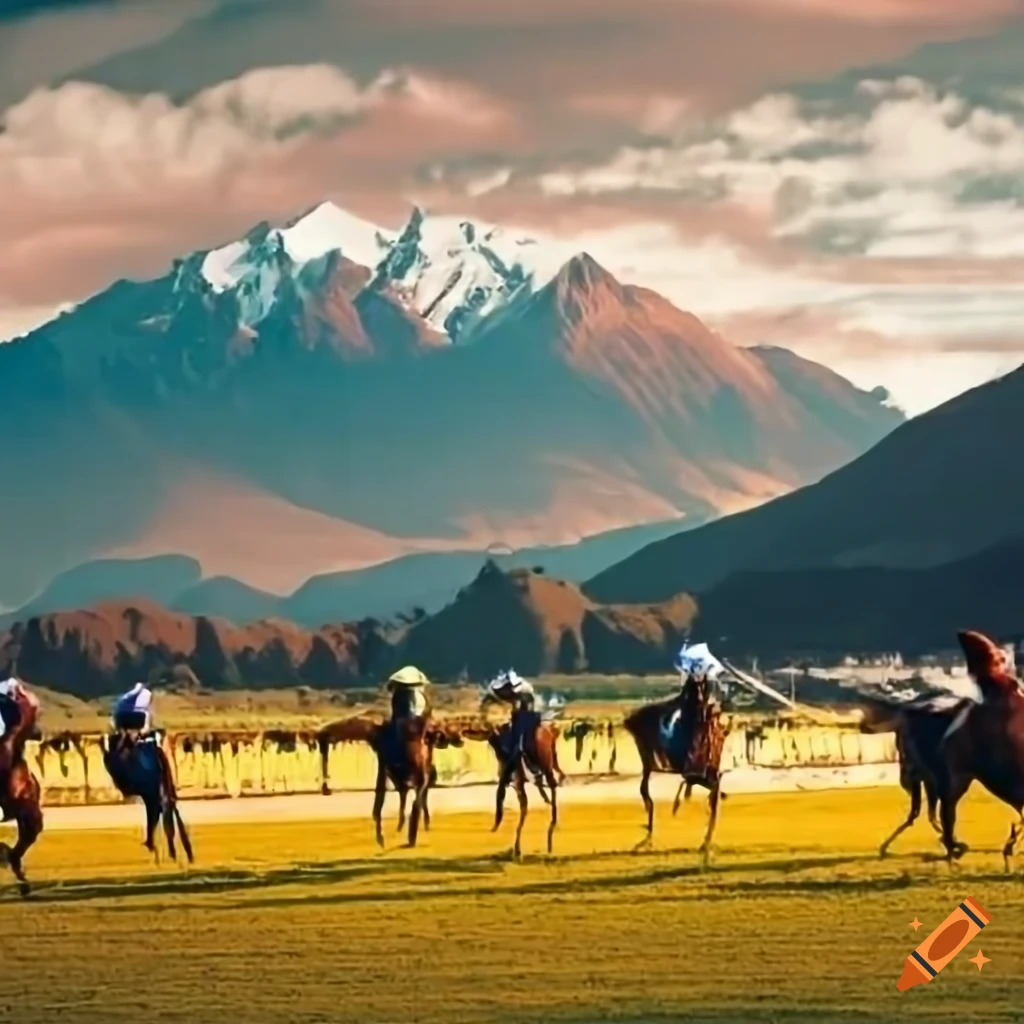 Vintage horse racing scene with Mount Earnslaw in the background on Craiyon