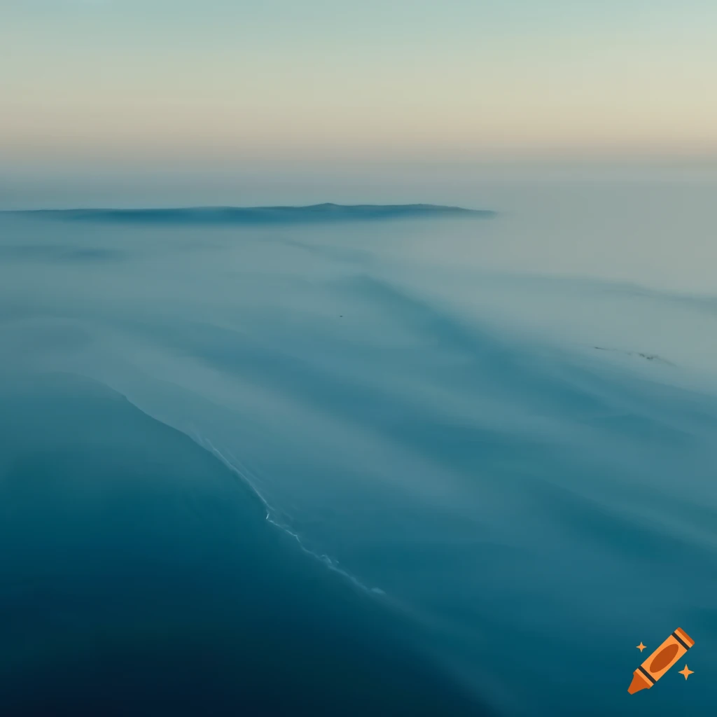 Aerial view of desert coastline with fog from the ocean rolling over dunes in daytime on Craiyon