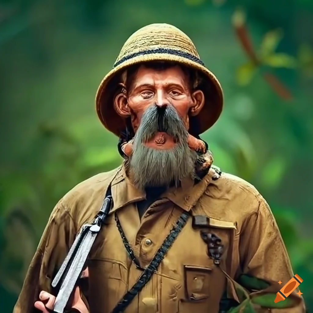 Hunting companion with a big moustache and pith helmet in jungle ...
