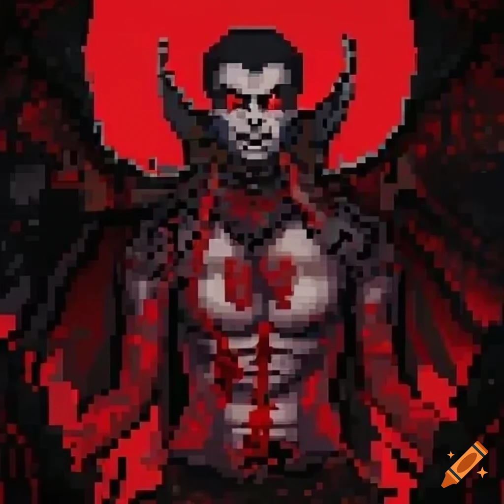 Pixel art of a vampire in red and black colors on Craiyon