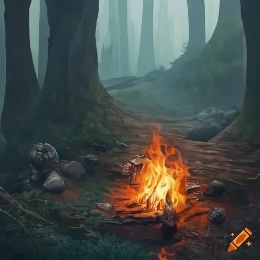 Small campfire in an epic medieval rpg fantasy forest landscape on Craiyon