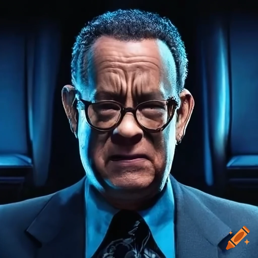 Actor tom hanks yelling in a dark theater with blue seats on Craiyon