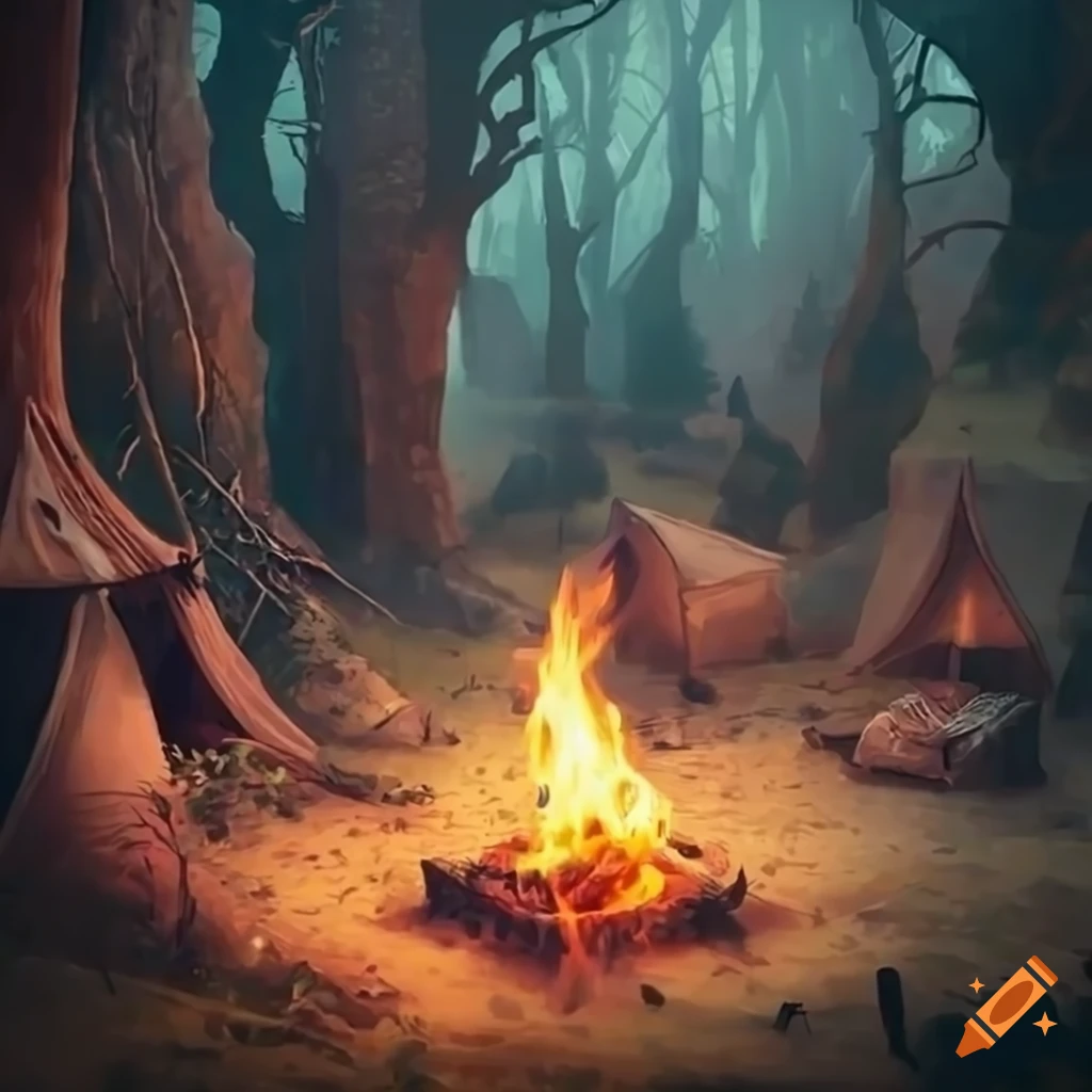 Campfire in an epic medieval rpg fantasy forest landscape on Craiyon