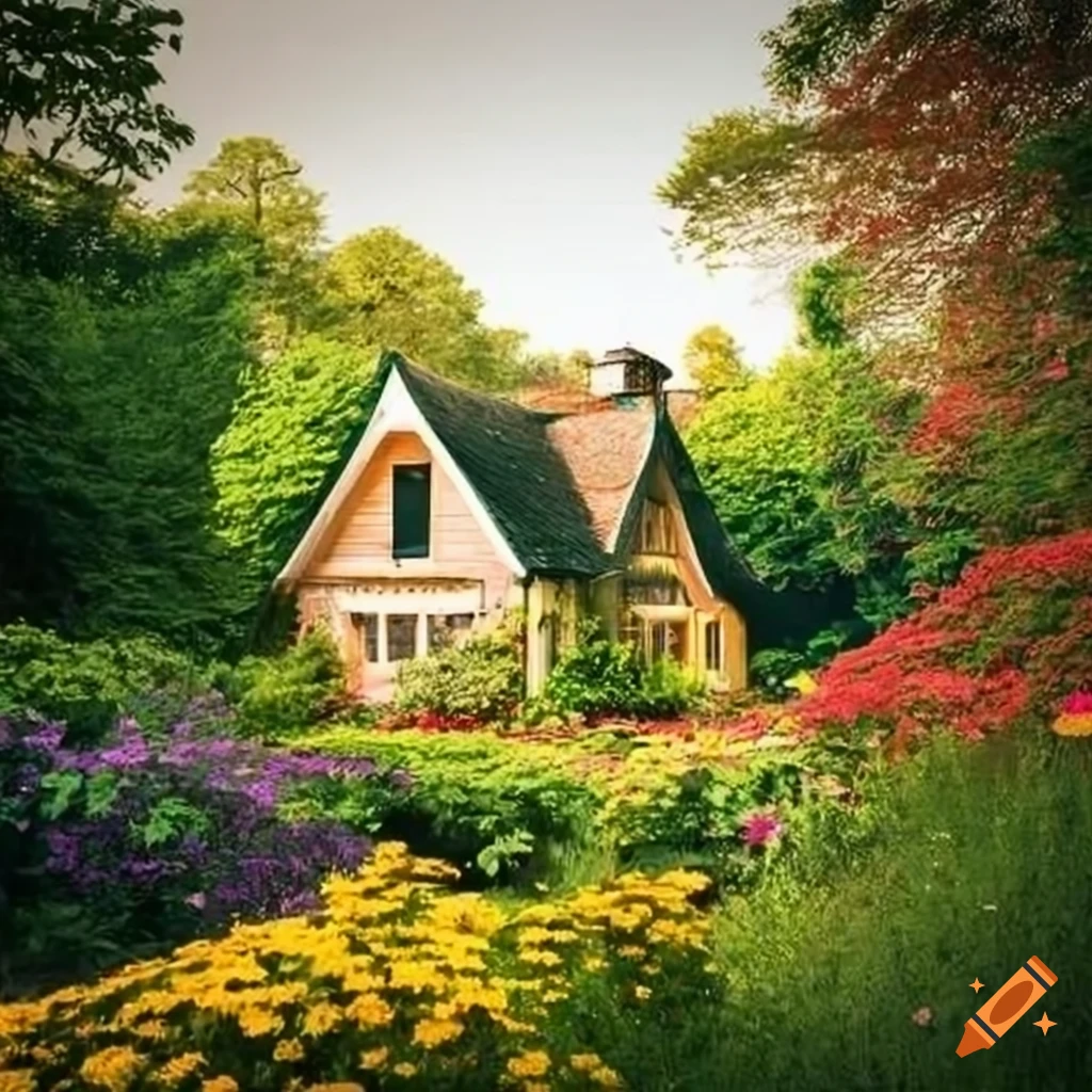 Intricate cottage surrounded by blooming garden flowers on Craiyon