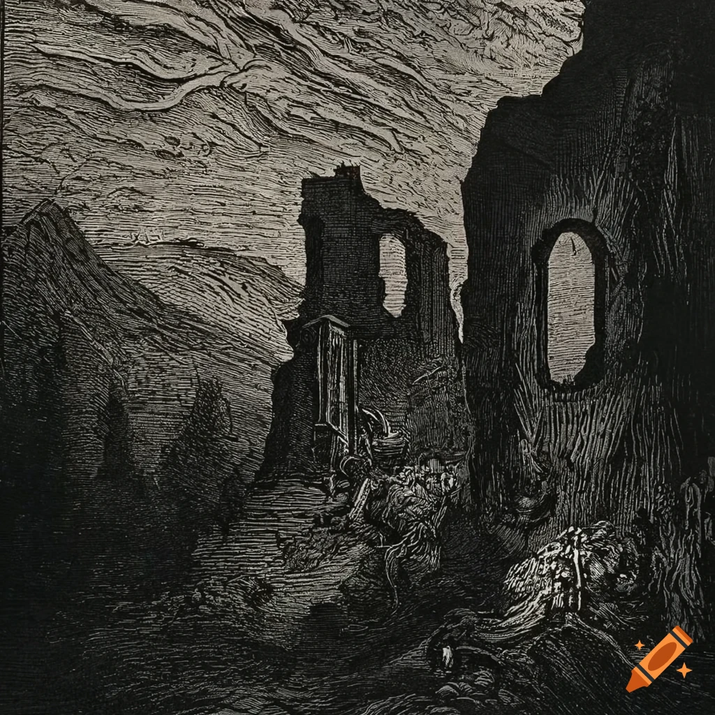 Creepy abandoned ruins in a forest with mountains in a monochrome ...