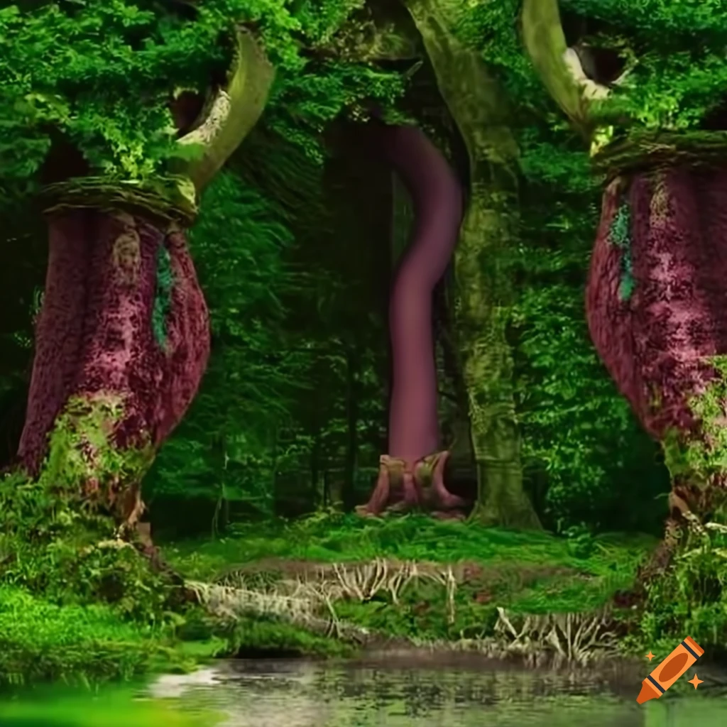 Lush vegetation with vibrant flowers, ivy-covered walls, and ancient ...