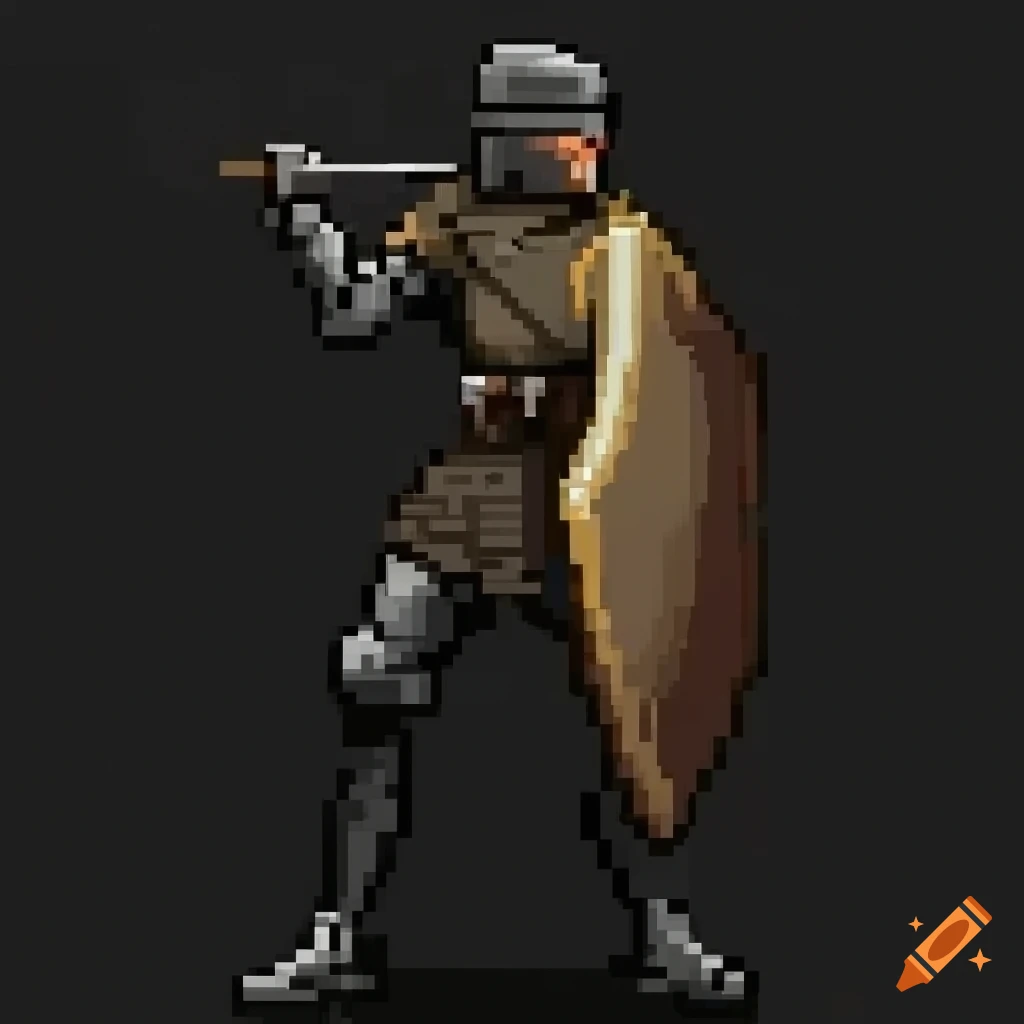 Side view of a soldier with a sword and a shield in pixel art style on ...