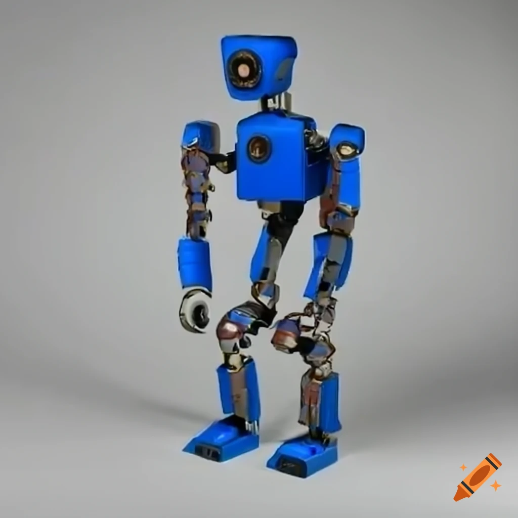 Blue humanoid robot with geometric head and V1 displayed on the chest ...