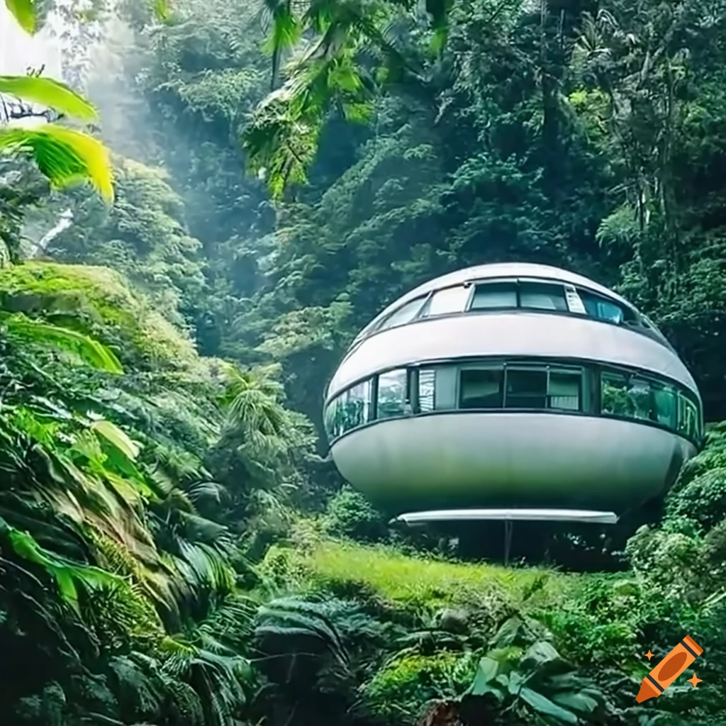 Futuristic giant egg-shaped house in a jungle in a sci-fi setting on ...