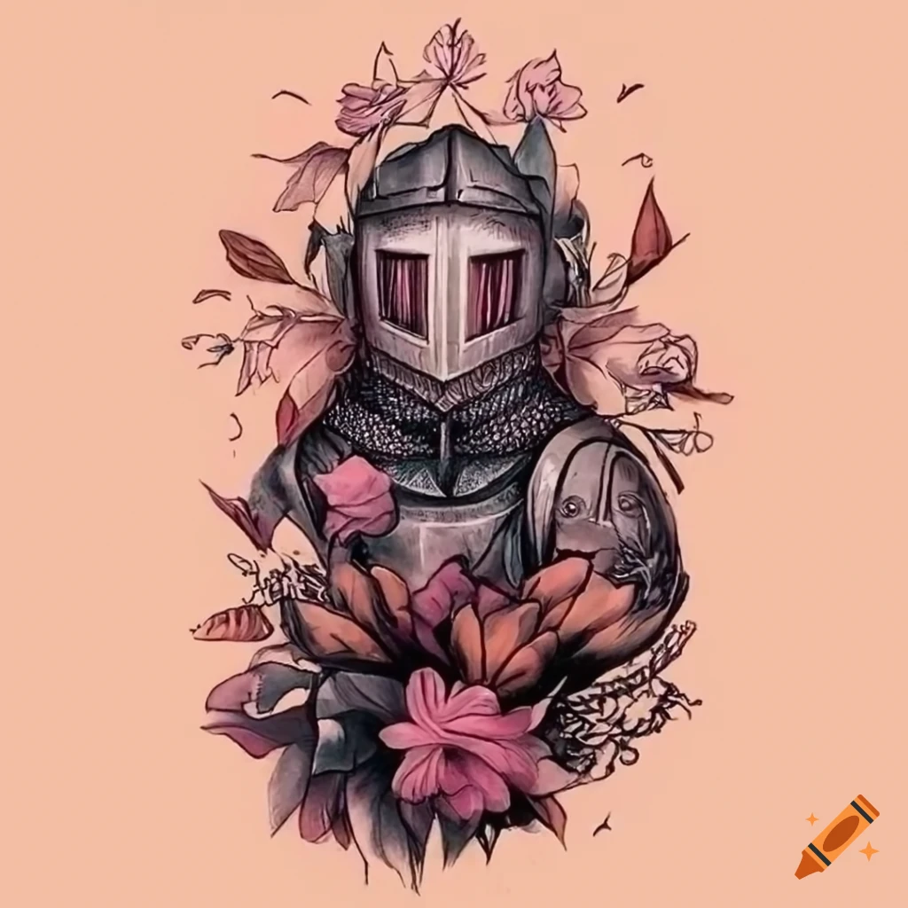 Aesthetic knight and flowers tattoo drawing design on Craiyon