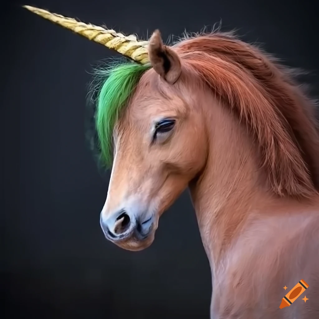Brown unicorn with orange horn, green mane, and tail, and white blaze ...