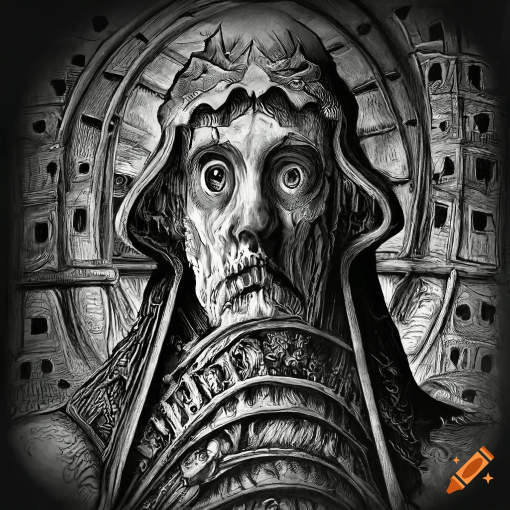 Detailed black and white drawing depicting a dark scene from the middle ...