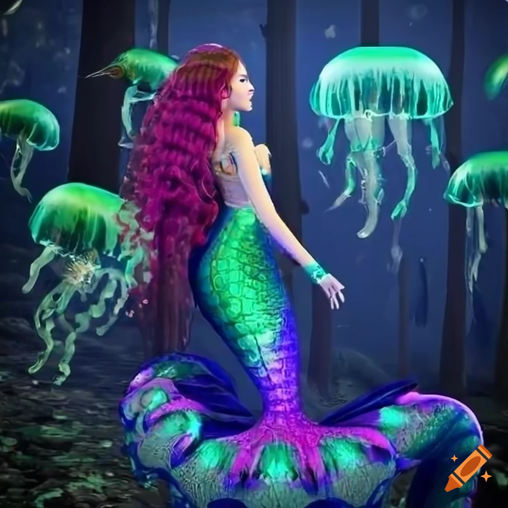 Mermaid goddess with jellyfish tentacles in a shimmery forest on Craiyon