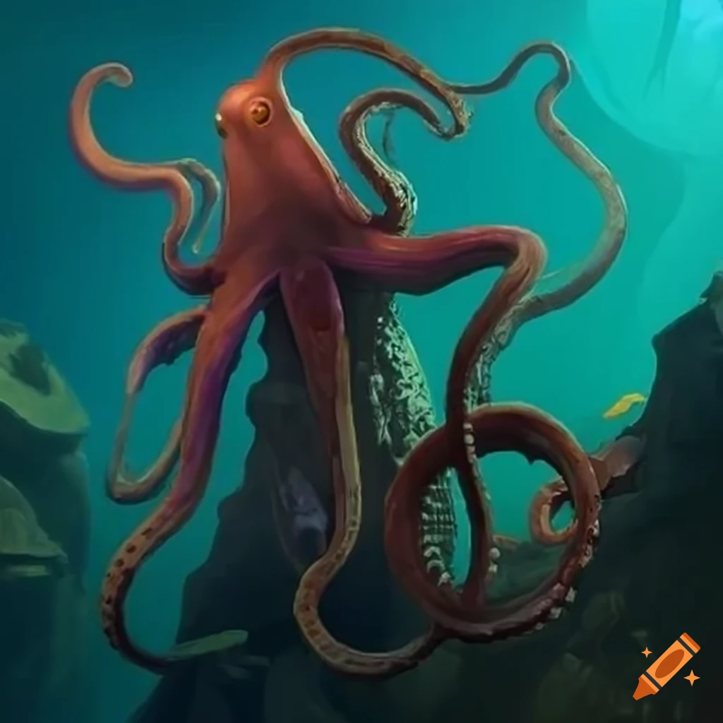 Friendly humanoid octopus in a sunken ship magic item shop on Craiyon