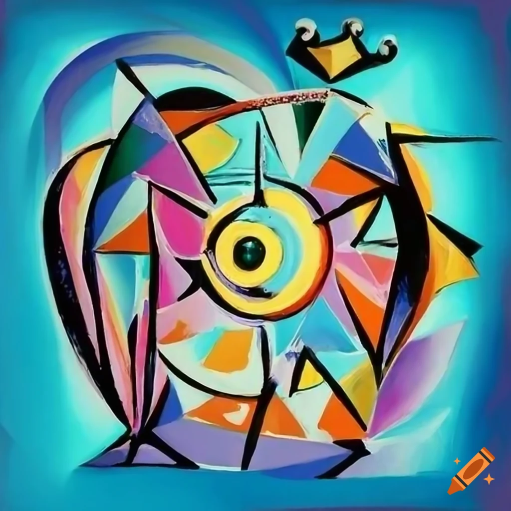 Wheel with angel wings and crown in the style of pablo picasso on Craiyon