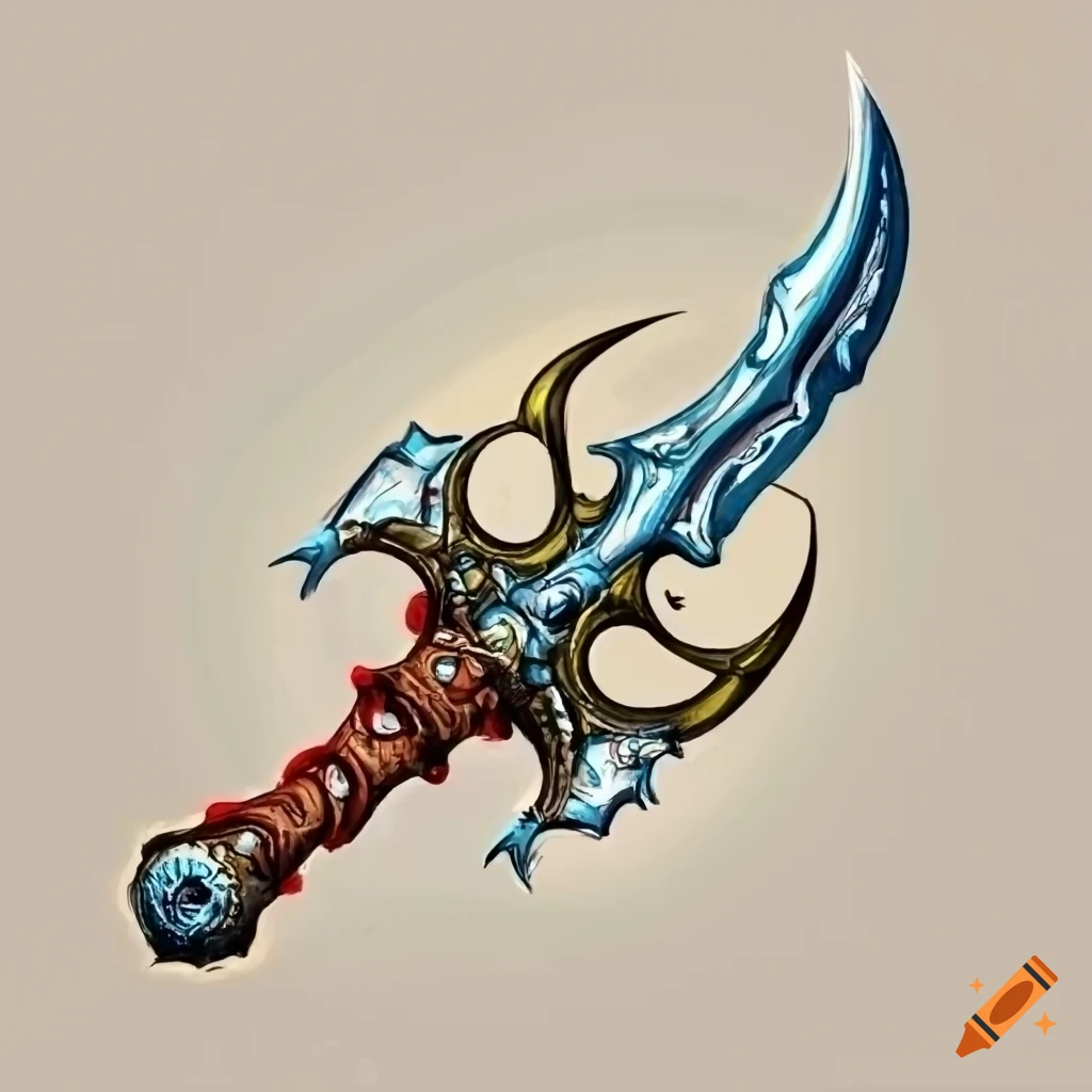 Intricate hand-drawn fantasy weapon with empty slots at the base of the ...