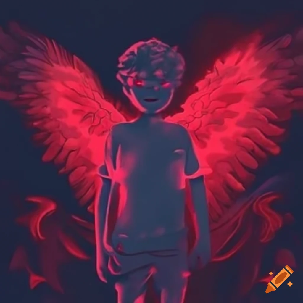 Statue of angel boy with glowing red eyes against a dark cloudy sky on ...