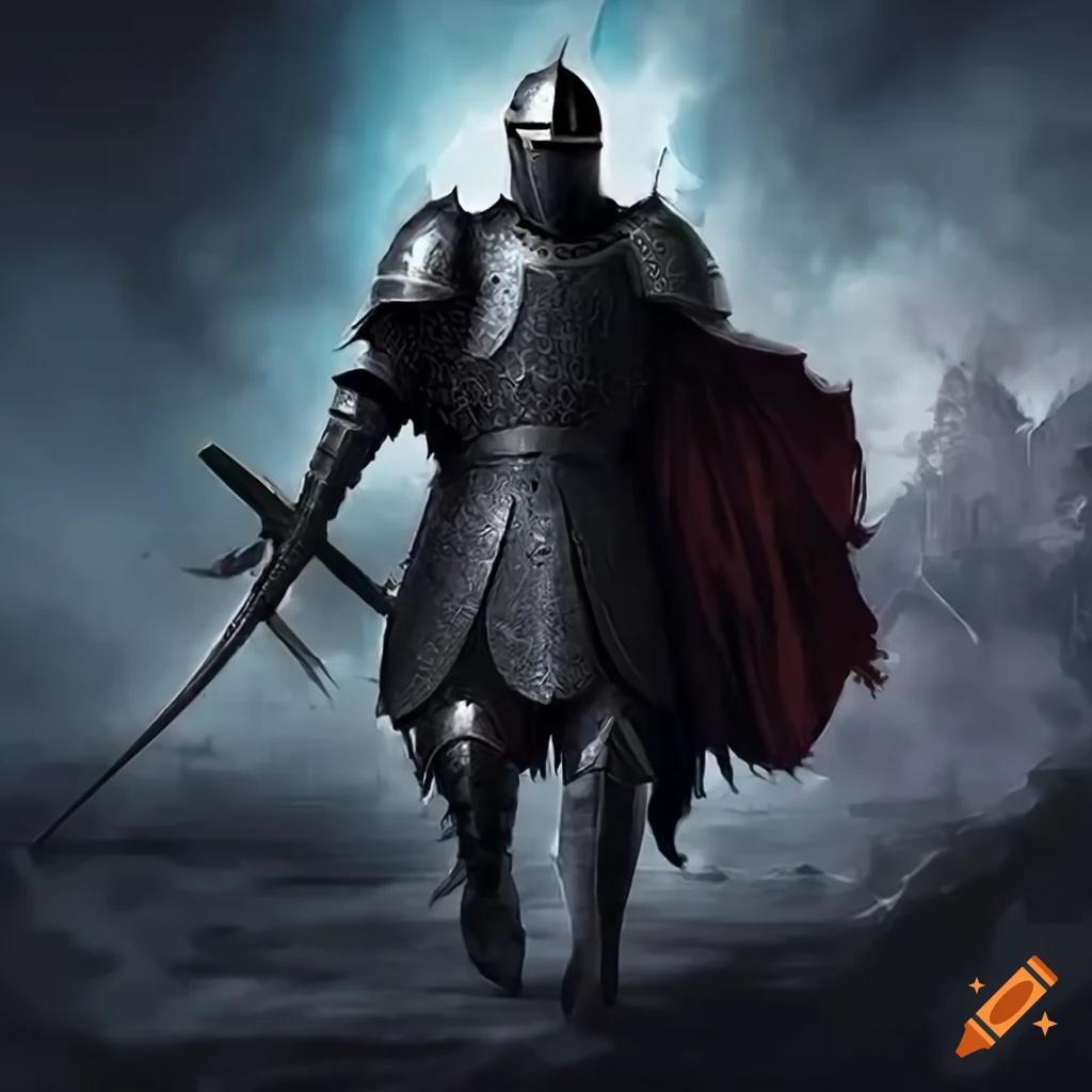 Knight in black armor with a mystical sword running into battle on Craiyon