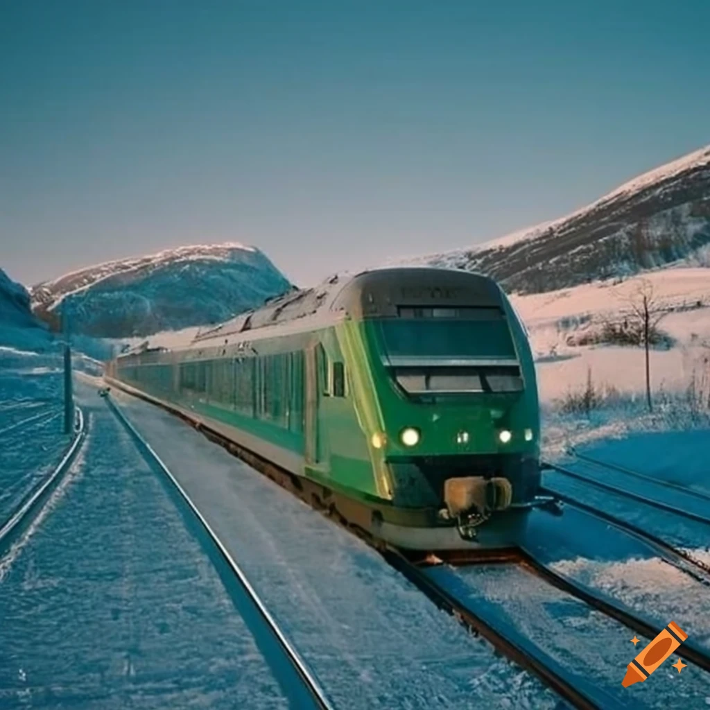 Emerald green passenger train in winter Norway on Craiyon