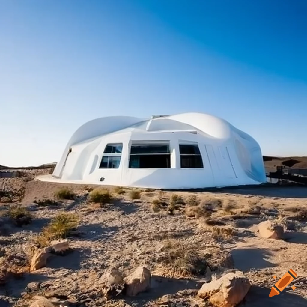 White futuristic alien house in a desert landscape on Craiyon