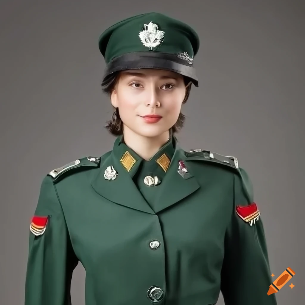 Intelligent and kind female cadet in a dark green uniform with military ...