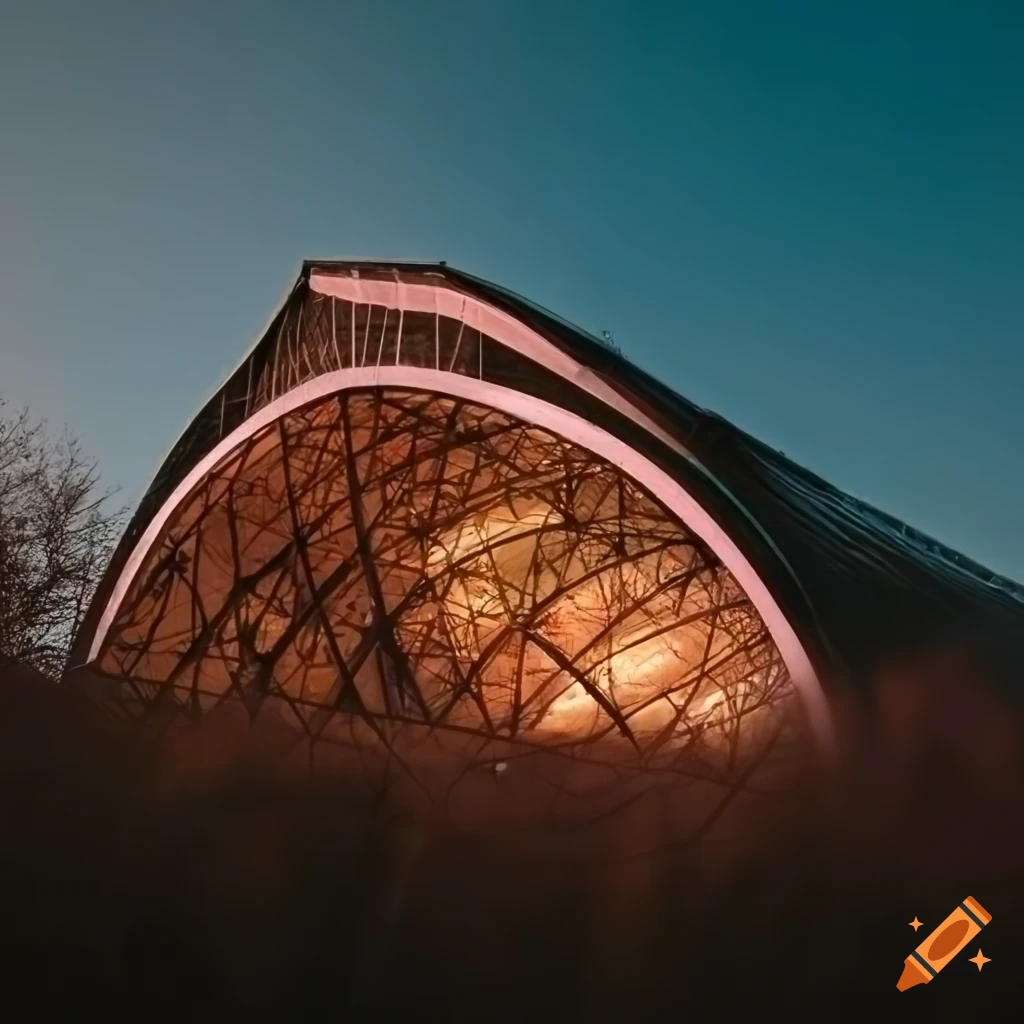 Transparent textile roof structure with multiple balconies and people ...