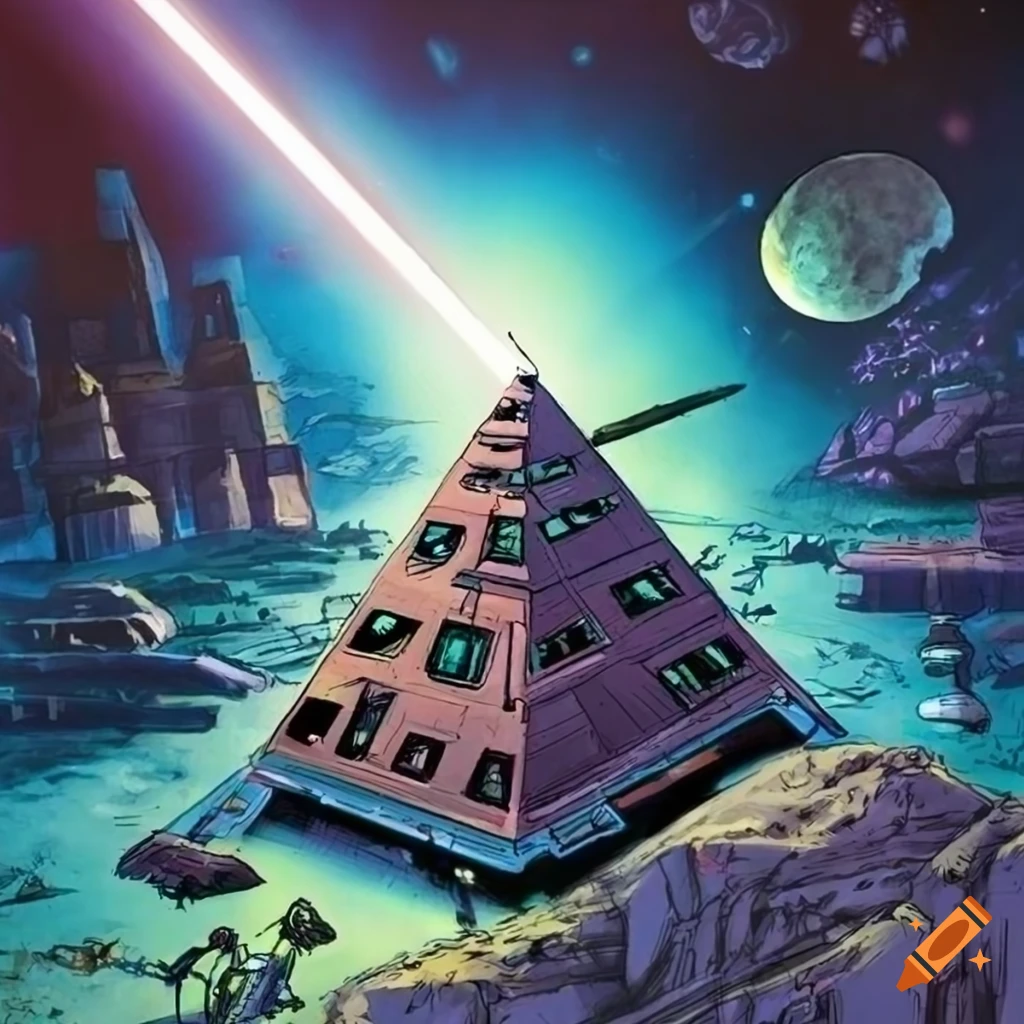 Spaceship under laser fire crashing into enemy pyramid on alien moon on ...