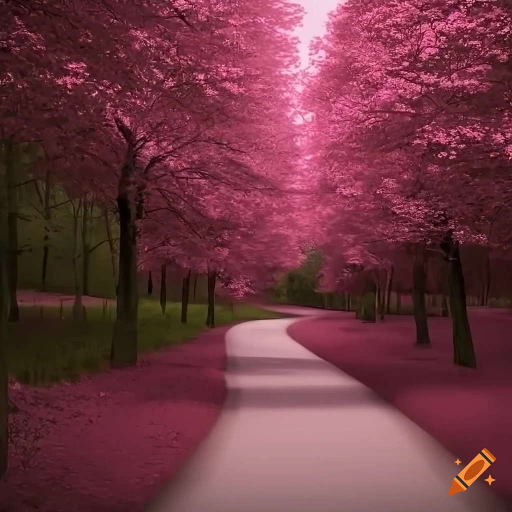 Pathway surrounded by pink flowery trees in high resolution on Craiyon