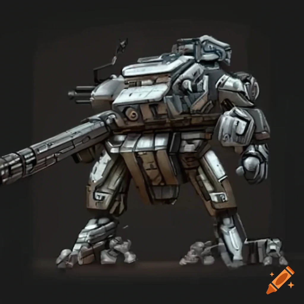 Armoured core mecha with bulky gatling guns in a realistic setting on ...