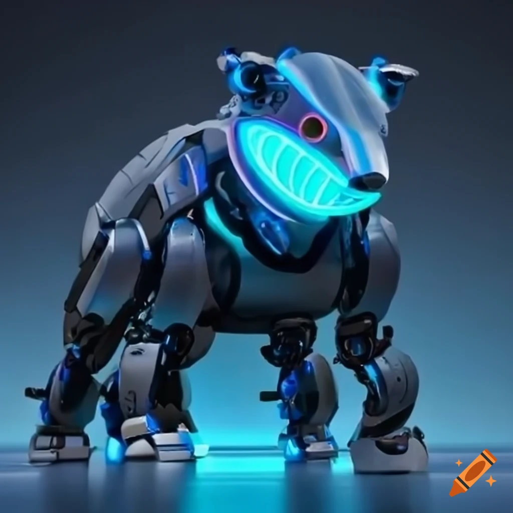 Mechanical robotic badger with a glowing blue mouth on Craiyon