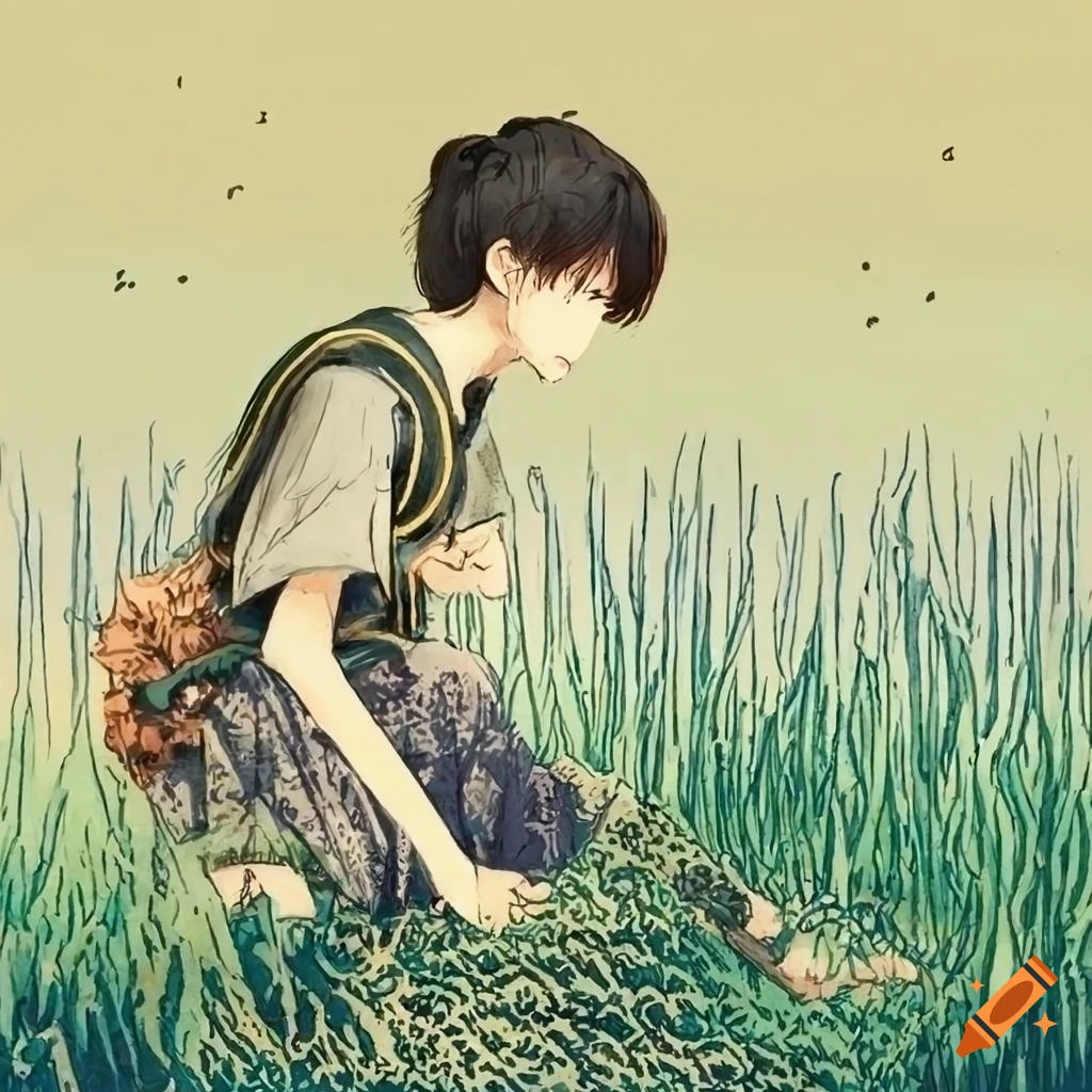 Ukiyo-e style illustration by Kanō Tan'yū with grass foreground and ...