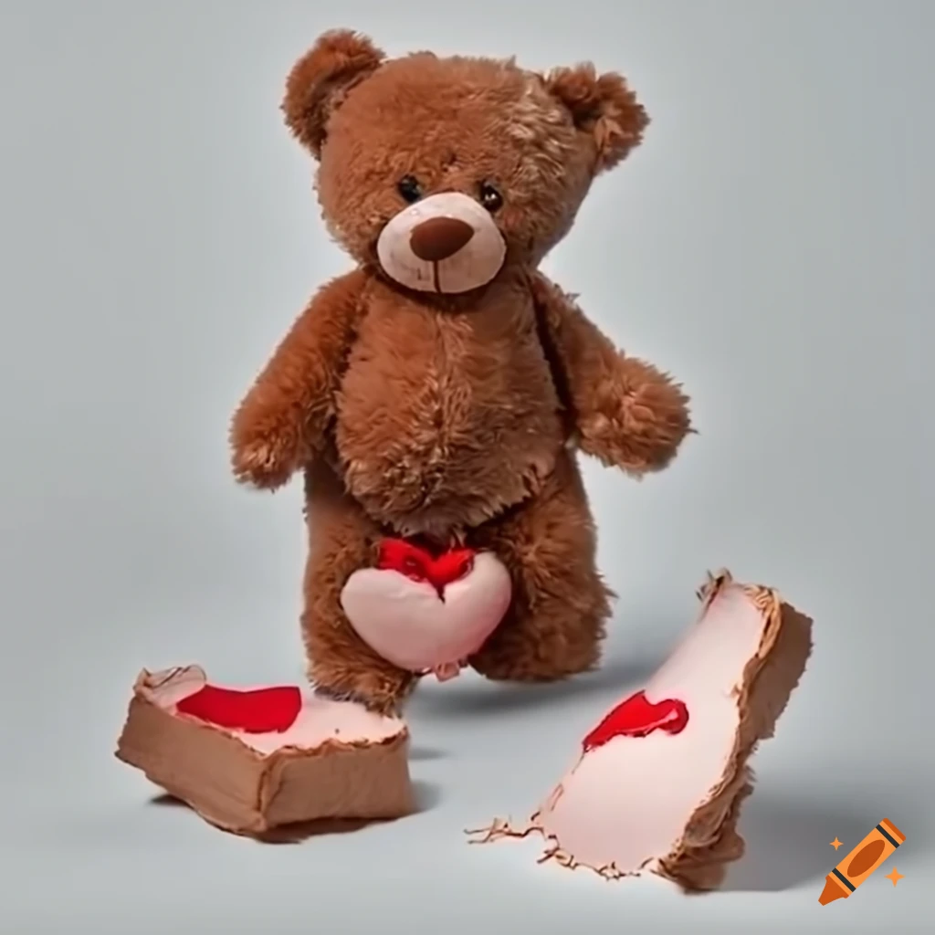 Teddy bear ripped apart with stuffing flowing out on a white background ...